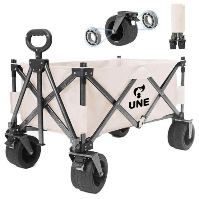 UNE キャリーワゴン アウトドアワゴン 折り畳み式 キャンプ カート ブレーキ付き 大容量 150L ワンタッチ収束式 耐荷重150kg 自立収納 コンパクト 幅10cmのサイレントユニバーサルホイール付き 調節可能なハンドル 釣り キャンプ 庭 スポー
