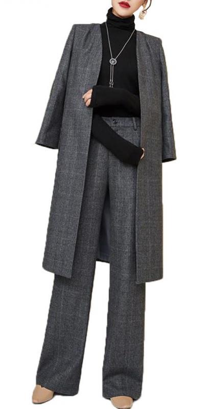 [DYIOPMFGZ] セットアップ 上下セット フォーマル スーツ パンツスーツ レディース コート チェックジャケット 2点セット ワイドパンツ アウター フォーマルウェア カジュアル 卒園式 入学式 卒業式 セレモニー 春秋冬 (グレー, 2XL)