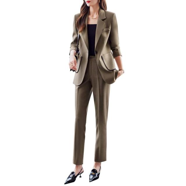 [ByFshow] スーツ レディース パンツスーツ シングルボダン テーパードパンツ フォーマル 着痩せ おしゃれ ファッション お出掛け 通勤 入学式 卒業式 面接 (ブラウン, XS)