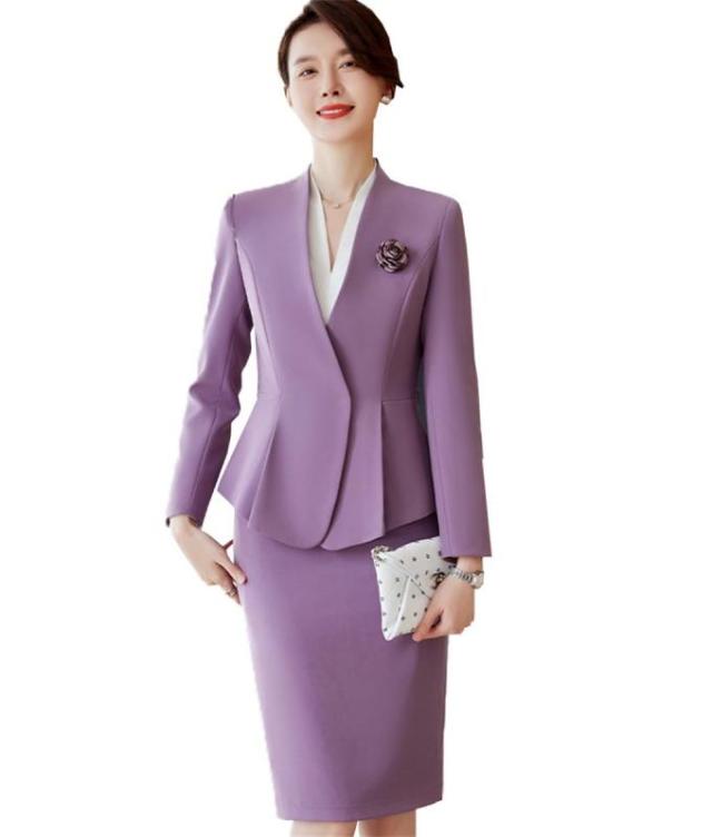 LIUZHONGQIN スーツセット レディース スーツ スカートスーツ セットアップ 2点セット 上下セット 長袖 スカート ピンク ブラック パープル 大きいサイズ 体型カバー お洒落 シンプル フォーマル 通勤 春 秋 冬 (パープル, 2XL)