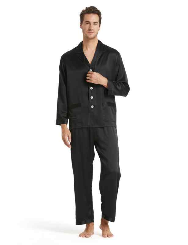 [LilySilk] メンズ パジャマ 19匁シルク100% 長袖 静電気防止 敏感肌・乾燥肌にお勧め(上下セット) ギフトにも (ブラック, XL)