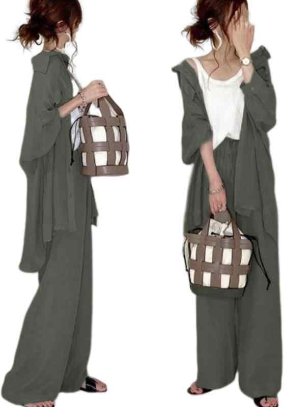 [newNE] [ニューネ] セットアップ レディース 2点セット とろみ 長袖 シャツ パンツ 上下セット 春 夏 秋 W10 (XL, カーキ)