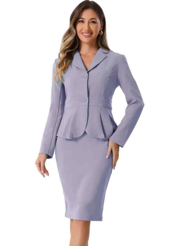 [Allegra K] スカートスーツ ビジネス 2ピース ブレザー ペンシルスカート セット 長袖 ノッチドラペル ペプラム レディース (M, グレーパープル)