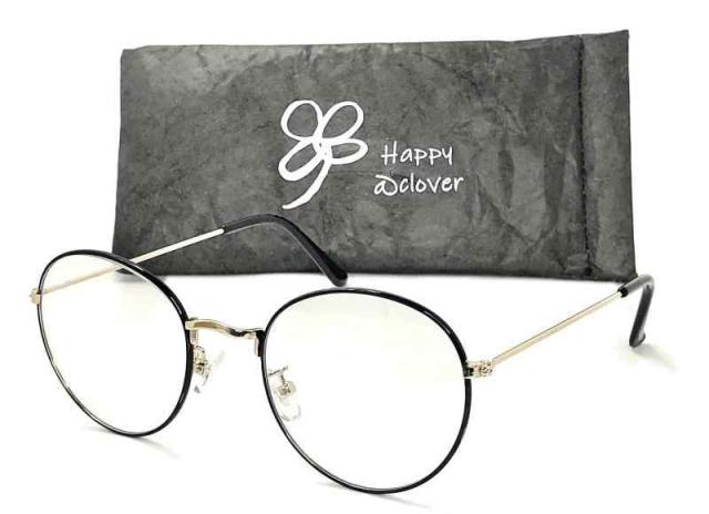 [Happy@clover] NEWモデル マスクを付けても曇らない ブルーライトカット 伊達メガネ メタルボストンタイプ 2カラー 3色から選べる専用ケース付 UVカット メンズ & レディース (ブラック・ゴールド（ブラックケース）)