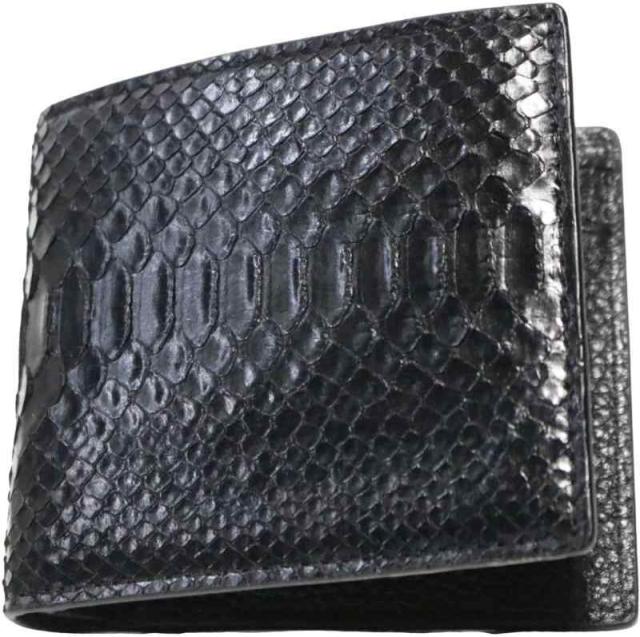 [ベルクート] 2025年干支ヘビ[ダイヤモンドパイソン] 蛇革 二つ折り財布 薄型 ショートウォレット (ブラック)