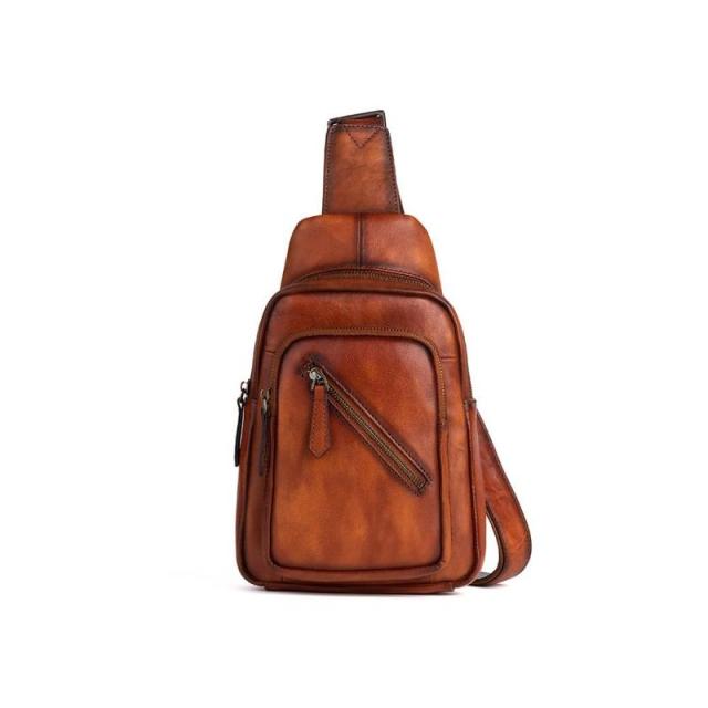 Ｗｈａｔｎａ アンティーク風合い鞣し天 然 牛 革 斜めがけ ボディ ワンショルダー メンズ ボディ斜め掛け 胸 肩掛けバック本革 厚手 レザー 左右付け替え可能 12046 (ブラウンA)