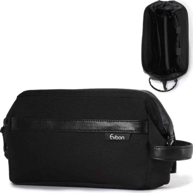 Evoon かわるガジェットポーチ2.0 大容量 ガジェット ポーチ がま口で中が見えやすい トラベルポーチ 持ち手付き ガジェットケース 撥水 ブラック