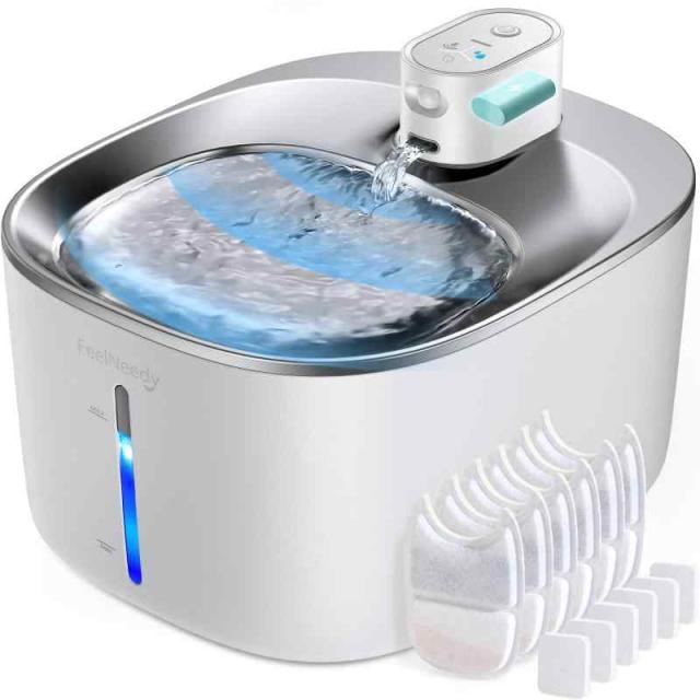 FEELNEEDY 猫 給水器 コードレス 式 4L 活性炭フィルター6枚付 スマートペット用循環式自動給水器 センサー 動作検知 3つの給水モード 5重濾過 ワイヤレスポンプ ステンレス製 ...