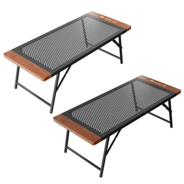 SUN-YE 折り畳み キャンプテーブル アウトドア メッシュデザイン 木製エッジ 焚き火 コンロ置き クーラーボックススタンド対応 専用収納袋付き (ブラック2)