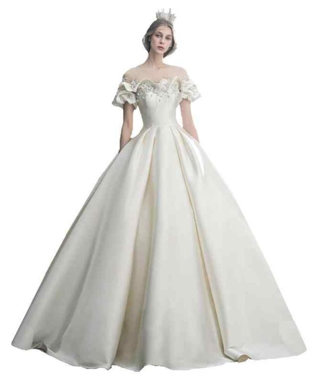 [株式会社豊作] ウエディングドレス イリュージョンネック ベルスリーブ サテン エレガンス 極上 プリンセス 編み上げタイプ Aライン 演奏会 発表会 ゴージャス 二次会(S)