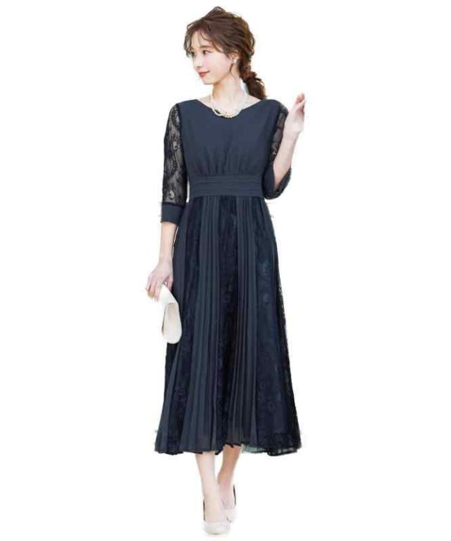 [niana] 結婚式 ワンピース パーティードレス 花柄 プリーツ チュール ロング 総レース 透け感 ウエストゴム 大きいサイズ 小さいサイズ 7分袖 袖あり オケージョン 1.5次会 春 夏 (L, アッシュネイビー)