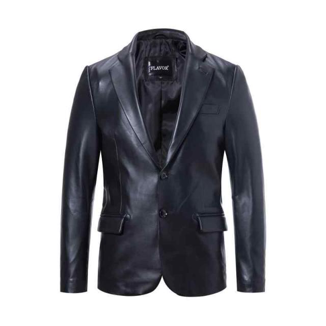 [FLAVOR] メンズ レザージャケット ビジネスコート 革ジャン 皮ジャン 羊革 本革 スーツ コート スリムフィットレテーラード 防風 保温 ソフト 春秋冬 (ブラック, S Regular)