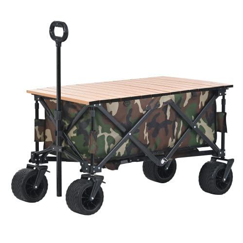 BTM キャリーワゴン 折りたたみ テーブル付き 自立可 超大直径 洗える 耐荷重100kg 頑丈 持ち運び便利 キャリーカート 台車 アウトドア キャンプ用品 買い物【カモフラ】
