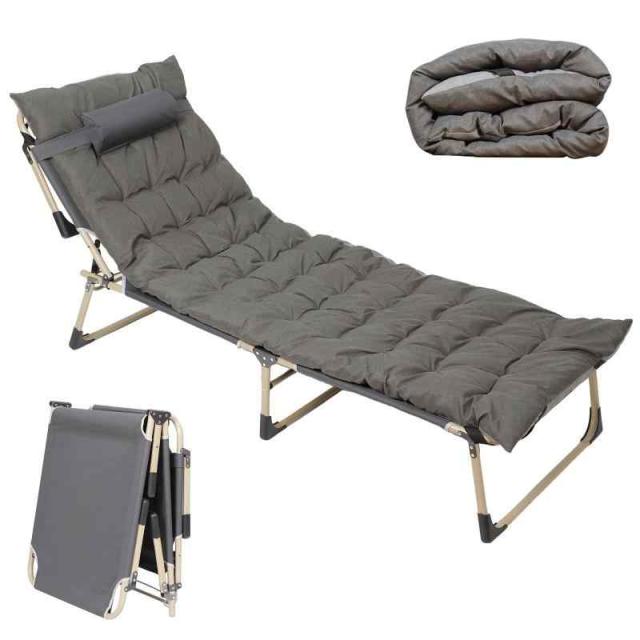 DEWEL 折りたたみベッド クッション付き 簡易ベッド 4段階調節 リクライニング コット/チェア/ベンチ三用 軽量 室内 アウトドア キャンプ ビーチ 190x67x30cm 組立不要 クッション収納袋付き (グレー)