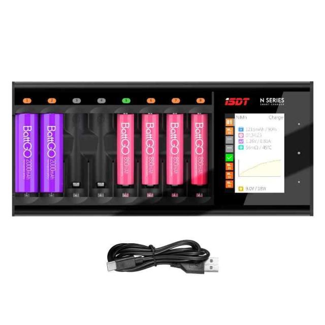 ISDT N8 電池充電器 単３/ 単４、ニッケル水素/ニカド充電池に対応 USB 充電器 8 本同時充電可能 LCD ディスプレイ搭載 APP 制御対応