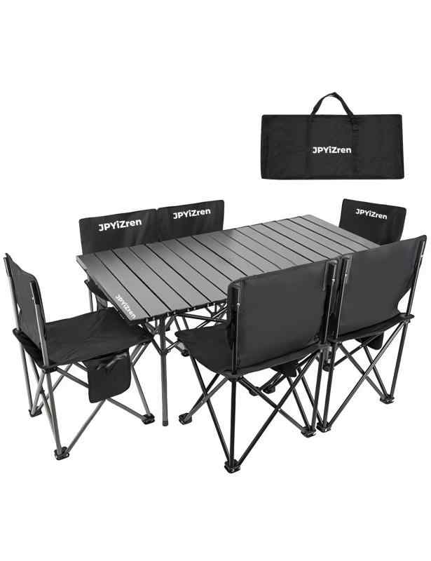 JPYiZren アウトドア テーブル チェア 7点セット アルミテーブル椅子 ピクニック ベンチセット ピクニックテーブル 超軽量 折り畳み 組立簡単 収納バッグ付き BBQ お釣り テント ガーデン 屋外 キャンプ用品 (ブラック)