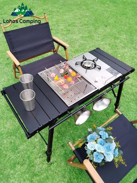 キャンプ用軽量折りたたみ式テーブル ロール付き 調整可能な脚 デスクトップバーナー バーベキュー燃焼 軽量