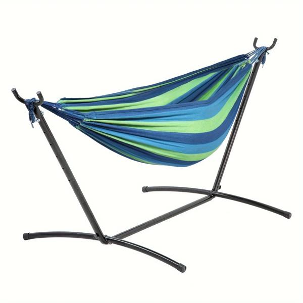 省スペーススチールスタンド付きダブルハンモック、裏庭、キャンプ、庭用の頑丈なスチールスタンド付きポータブルハンモック