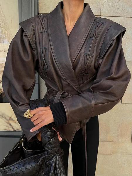 女性用ベルト付きショートレザージャケット,襟を折りたたんだコート,長袖,エレガント,暖かい,ストリートウェア,ルーズ,冬,ファッショナブル