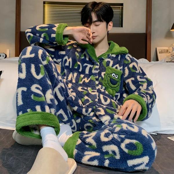 男性用のフリース裏地付きの厚い珊瑚のパジャマ、ジッパー付きの長いぬいぐるみ、アウターウェア、ホームウェア、 冬に適しています