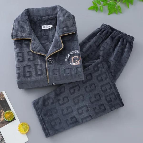 2024 冬肥厚フリース裏地メンズパジャマ 300 グラムフランネルカーディガンホームウェア暖かいセット十代の若者たち