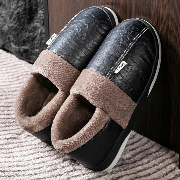 冬のメンズホームスリッパ低反発暖かい靴厚底ぬいぐるみ防水 Pu レザー屋内綿フラットカップルスリッパ