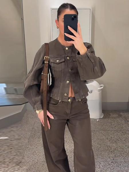 女性用長袖デニムジャケットとパンツセット,シングルブレストコート,ジーンズ,ワイドレッグパンツ,ラペル,y2k,ストリート,2ピースセット,2022