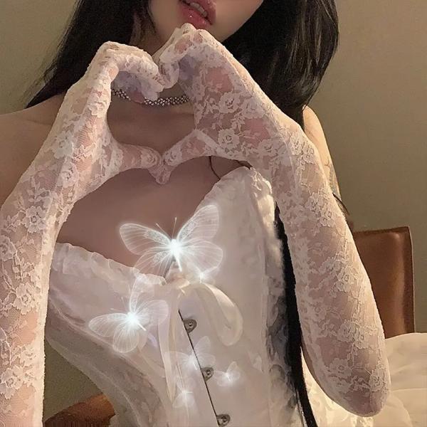 女性、ミトン、jk、ロリータ、カワイイ、メッシュ、フィッシュネット、ボウノット、ブラック、ホワイト、uv保護、y2k用のレースフリルフィンガーレスグローブ