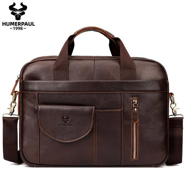 HUMERPAUL メンズ ブリーフケース バッグ トップレイヤー レザー 手作り ラップトップ バッグ 複数のコンパートメント付き ビジネス ショルダー メッセンジャー