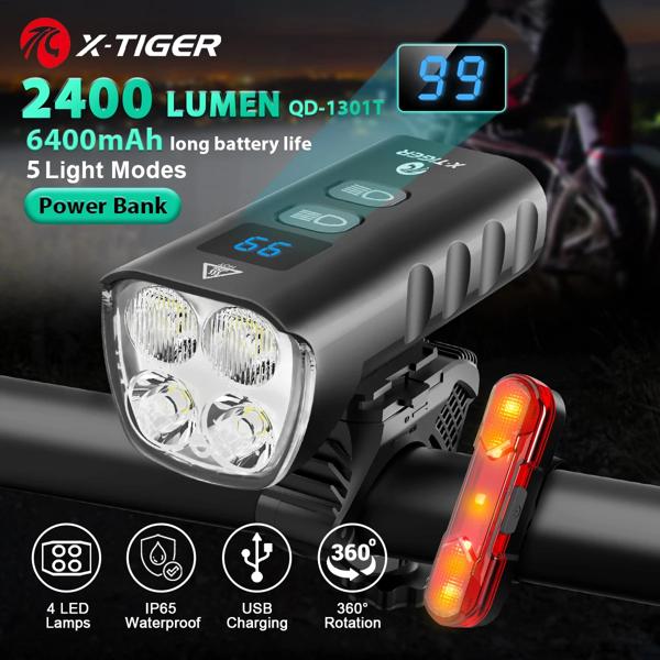 X-Tiger-充電式自転車フロントライト LED懐中電灯 サイクリング マウンテンバイク 6400ma 2400lm