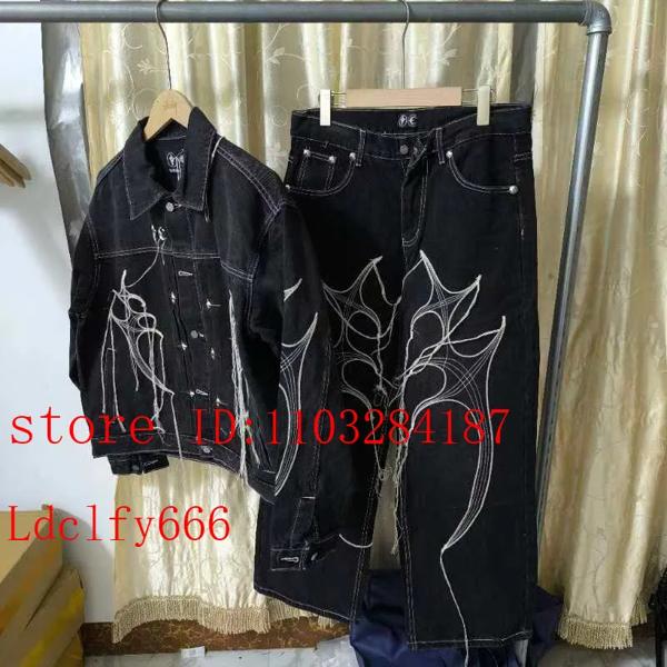 ウォッシュドザグクラブデニムスーツ男性用と女性用、刺borルートタッセル、ストレートジーンズ、ブラックジャケット、ハイストリートカジュアルカウボーイジャケットセット