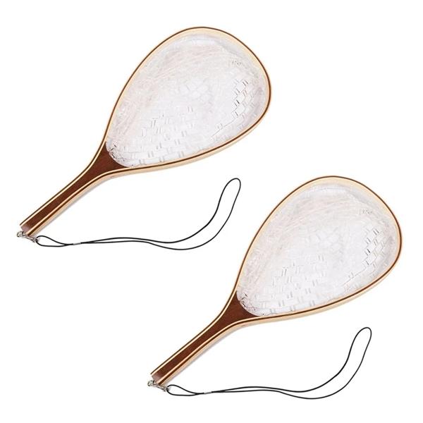 2X フライフィッシングランディングネットトラウトフィッシングネット 木製ハンドルフレーム付きソフトラバーキャッチアンドリリースフィッシュネット