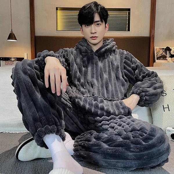 スポーティなフード付き肥厚サンゴフリースパジャマメンズソリッドカラー暖かいフランネルホームウェアスーツ V ネック襟