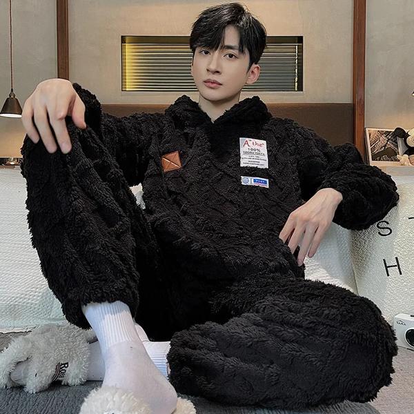 スポーティなフード付き肥厚サンゴフリースパジャマメンズソリッド