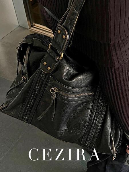 女性用ウォッシュドpuレザーショルダーバッグ 大容量トートバッグ ジッパーポケット 編みこみの装飾 日常の旅行用ハンドバッグ ユニセックス