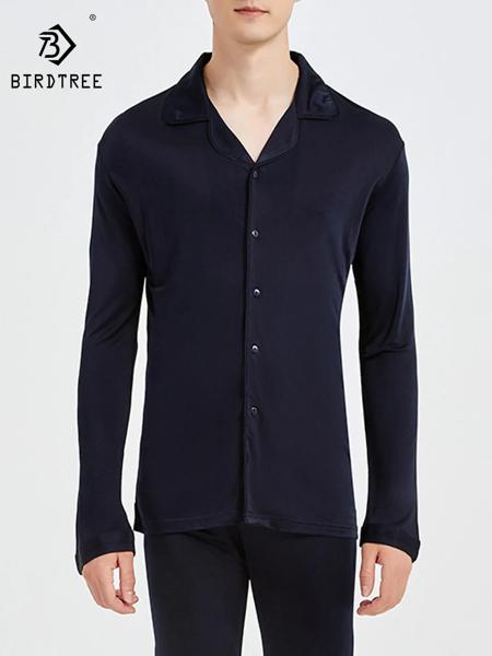 Birdtree-男性用の本物のマルベリーシルクパジャマセット、長袖、ニット、快適、大サイズ、カジュアルホームウェア、ラペル、30mm、s411qc