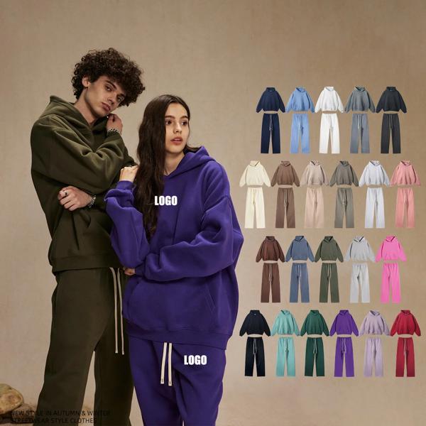 メンズフード付きスウェットシャツとパンツのセット,ルーズフリースセーター,パーカー,コットンとポリエステル,カスタムロゴ,ヘビー,ニュー,350g, 2ピース,秋冬