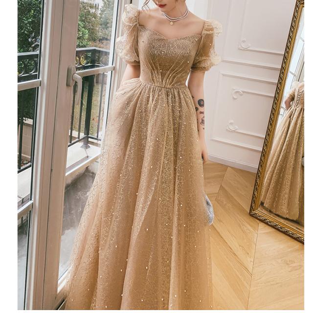 ワンピース レディース ワンピドレス ロング丈 マキシ丈 袖あり 半袖 ボリューム袖 パフスリーブ 萌袖 スイートハートネック 襟なし プリンセスライン フレア Ａライン シフォン シースルー 透け感 きれいめ 大人 上品 おしゃれ ラブリー 主役級 セクシー エレガント 存在感