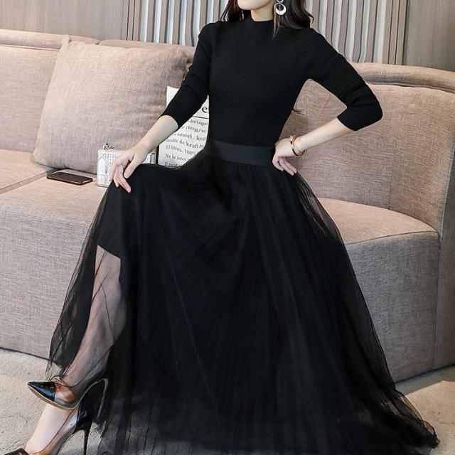 ドレス　ニットドレス　ニットワンピース　レディース　選べる　エレガント　切り替え　ドッキング　二次会　披露宴　無地　長袖　ロングワンピース　セクシー　大人可愛い　モダン　シースルー　チュール　ふわふわ　ふんわり　お呼ばれ　パーティー　結婚式　入学式　卒業式