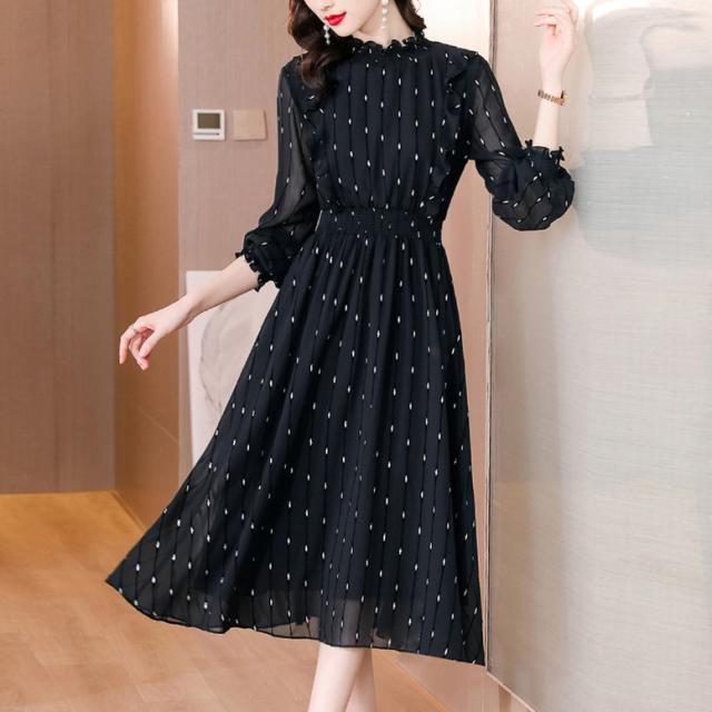 シフォンワンピース ワンピース レディース ロングワンピース フリルネック 裾フリル ひざ下丈 シフォン ドレス 長袖 シアースリーブ フレア 黒 ブラック 大きいサイズ ワンピドレス 大人可愛い きれいめ 上品 ガーリー エレガント フォーマル 春 夏 秋 冬 二次会 お呼ばれ