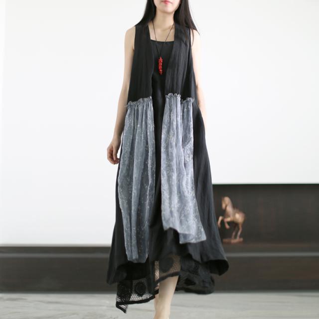 フロントレースリネンワンピース ワンピース レディース ロングワンピース フレアワンピース ノースリーブ 花柄 レース ドッキング 切り替え リネンドレス 袖なし シャツワンピース 黒 ブラック 大人可愛い きれいめ 上品 エレガント フォーマル ガーリー ルーズ キュート