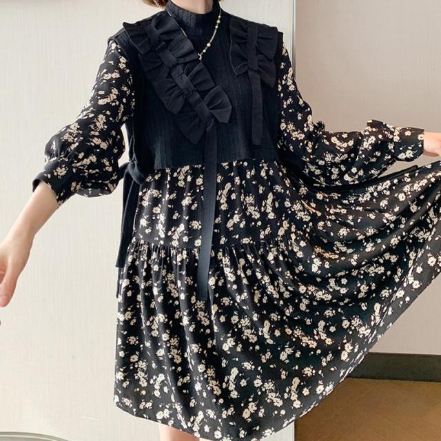 セットアップ ワンピースセットアップ レディース 2点セット 上下セット ツーピース 重ね着 レイヤード リボン付きニットベスト 花柄フレアワンピース ひざ丈 バルーンスリーブ 長袖 ショートベスト フェミニン 黒 ブラック 大人可愛い きれいめ 上品 エレガント フォーマル