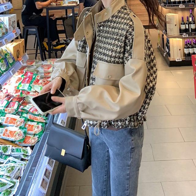 千鳥柄切り替えジャケット アウター レディース ジャケット 千鳥柄ジャケット ショートジャケット レザージャケット 千鳥格子 異素材ドッキングジャケット ボリュームスリーブ ドロップショルダー ハイネック ポケット カーキ 大人可愛い きれいめ 上品 エレガント ガーリー