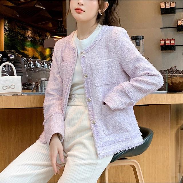 ノーカラーツイードジャケット アウター レディース ジャケット ノーカラージャケット ツイードジャケット クルーネック フリンジジャケット ライトアウター ポケット スリム ラウンドネック 襟無し フェミニン 紫 パープル 大人可愛い きれいめ 上品 エレガント フォーマル