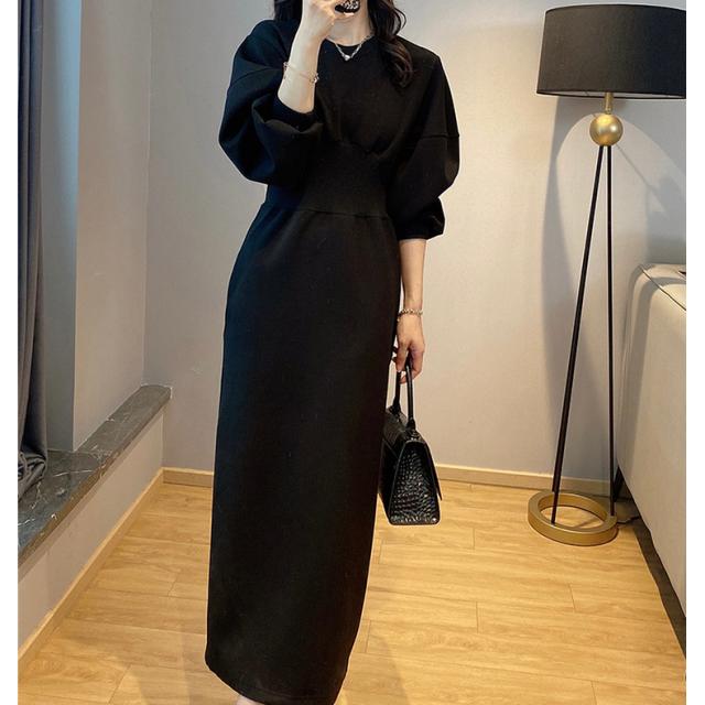 ワンピース レディース トレーナーワンピ スウェットワンピ ロング丈 袖あり 長袖 ドロップショルダー ラウンドネック 襟なし Iライン ストレート ウエストマーク スタイルアップ バックスリット かわいい 大人可愛い シンプル カジュアル おしゃれ お洒落 かっこいい