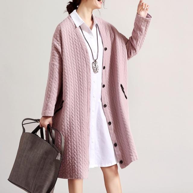 トップス カーディガン 2色 ロング丈 長袖 レディース 厚手 ドロップショルダー Vネック ゆったり 大きめ ワイド シンプル カジュアル ラフ 無地 ピンク 黒 ブラック くすみカラー ルーズ ゆる リラックス ポケット 萌え袖 休日 お出かけ 体型カバー 着痩せ 細見え ストレート