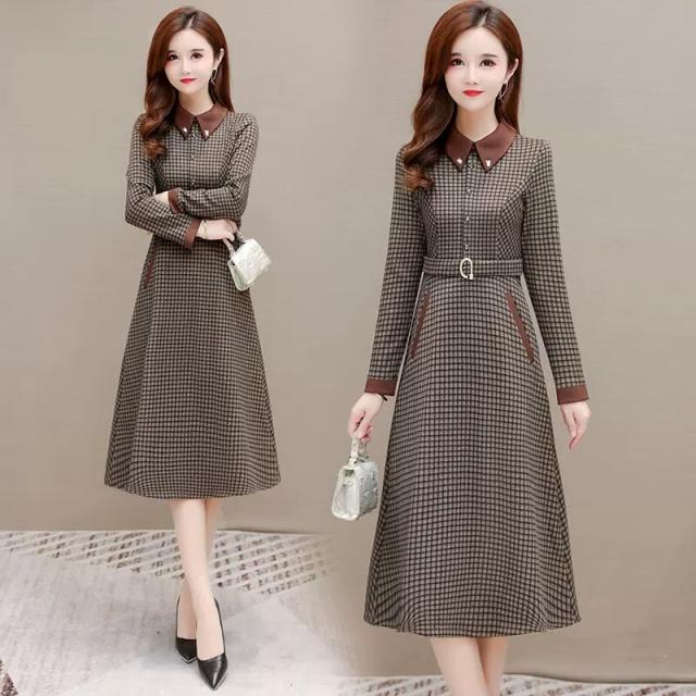 ワンピース ベルト Aライン ミモレ丈 レディース オシャレ お洒落 かわいい 大人可愛い 上品 きれいめ エレガント 高級感 長袖 ロング丈 チェック柄 格子柄 バイカラー ハイウエスト ブラウン くすみカラー プラスサイズ 大きいサイズ М L XL 2XL 3XL 4XL 着回し 春 秋 冬