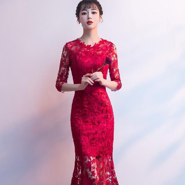 ワンピース ドレス 総レース 刺繍 マーメイド 透け感 レディース ロング丈 ミモレ丈 袖あり 七分袖 ラウンドネック スカラップ スリム タイト 細身 Aライン セクシー 色っぽ かわいい 大人可愛い きれいめ シンプル おしゃれ お洒落 エレガント エキゾチック 大人可愛い