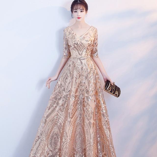 ワンピース ドレス スパンコール キラキラ レディース ロング丈 マキシ丈 袖あり 七分袖 五分袖 Vネック スリム タイト 細身 Aライン セクシー 色っぽ かわいい 大人可愛い きれいめ シンプル おしゃれ お洒落 エレガント エキゾチック 大人可愛い こなれ感 個性的 個性派