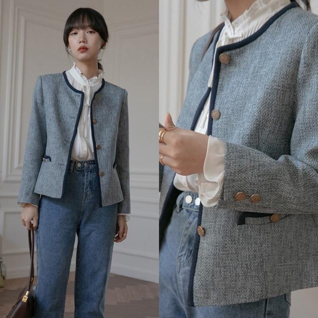 ジャケット レディース アウター ノーカラージャケット S M L XL ブルー 青 大人カラー 春 秋 長袖 ツイード パイピング ノーカラー フロントボタン ポケット ショート丈 ミドル丈 ストレート ママ フェミニン ナチュラル カジュアル きれいめ きれカジ 大人 大人可愛い